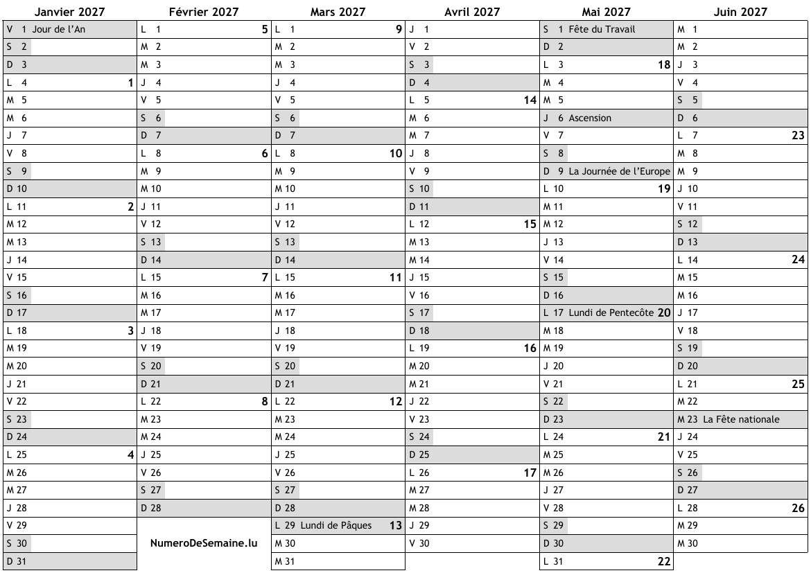 Calendrier 2027 avec jours fériés en Luxembourg et numéro des semaines … impression, gratuit ...